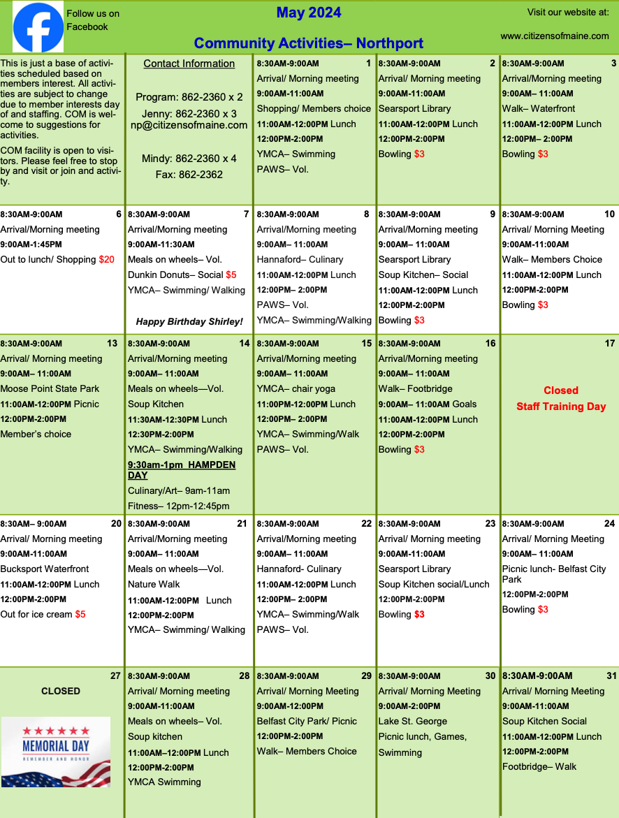 Calendar of Events - Citizens of Maine - Hampden Maine
